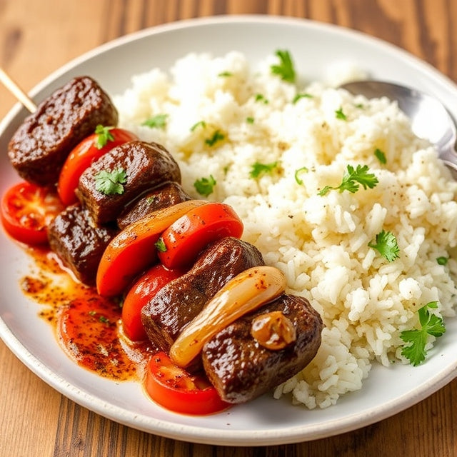 Beef Kabob + Persian Style Grilled Tomato & Sumac Onions + Dill Rice ...