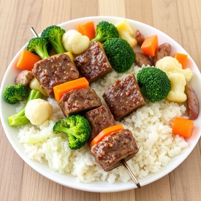 Beef Kabob + Steamed Broccoli, Cauliflower, Carrots & Cabbage + White ...