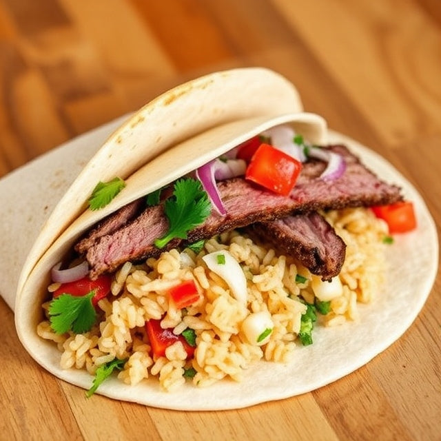 Beef Shawarma Burrito Large tortilla with beef shawarma, seasoned rice ...