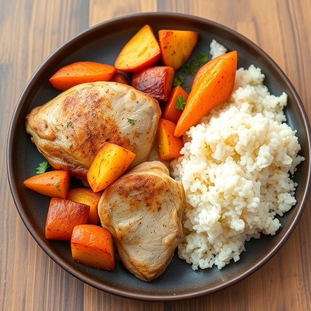 Chicken Breast + Roasted Potato, Carrot & Yam + White Rice – Olympus Meals