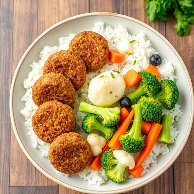 Falafel + Steamed Broccoli, Cauliflower, Carrots & Cabbage + White Ric ...